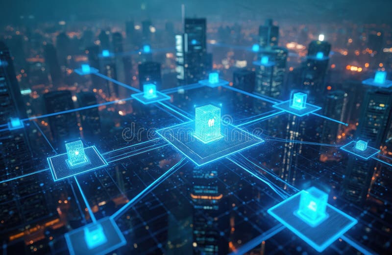 Aerial View of City at Night Interconnected by Digital Network Nodes ...