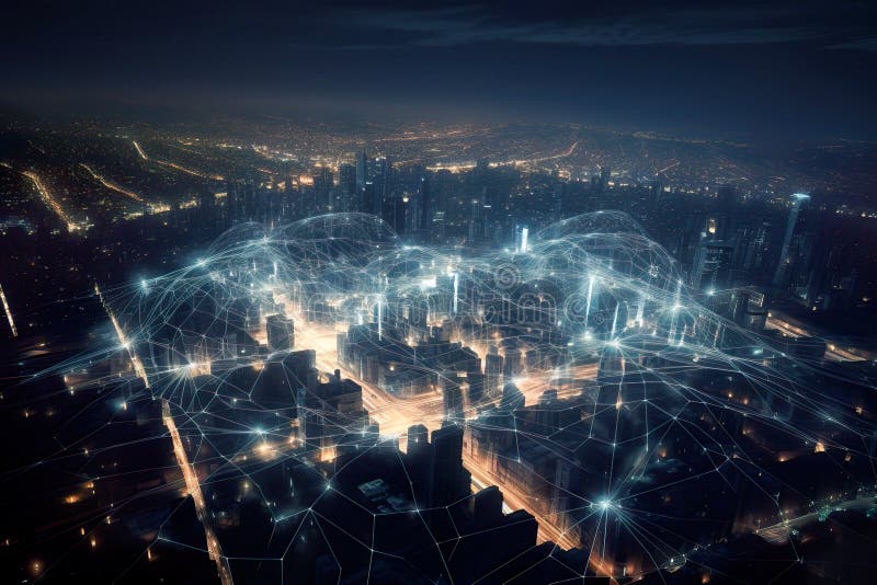 Aerial View of the City at Night with Stars and Clouds. Generative AI ...