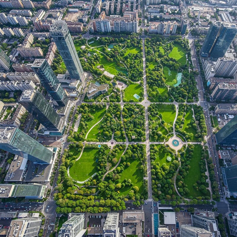 Aerial View of a City Park with Rectangular, Manicured Lawns and Tree ...