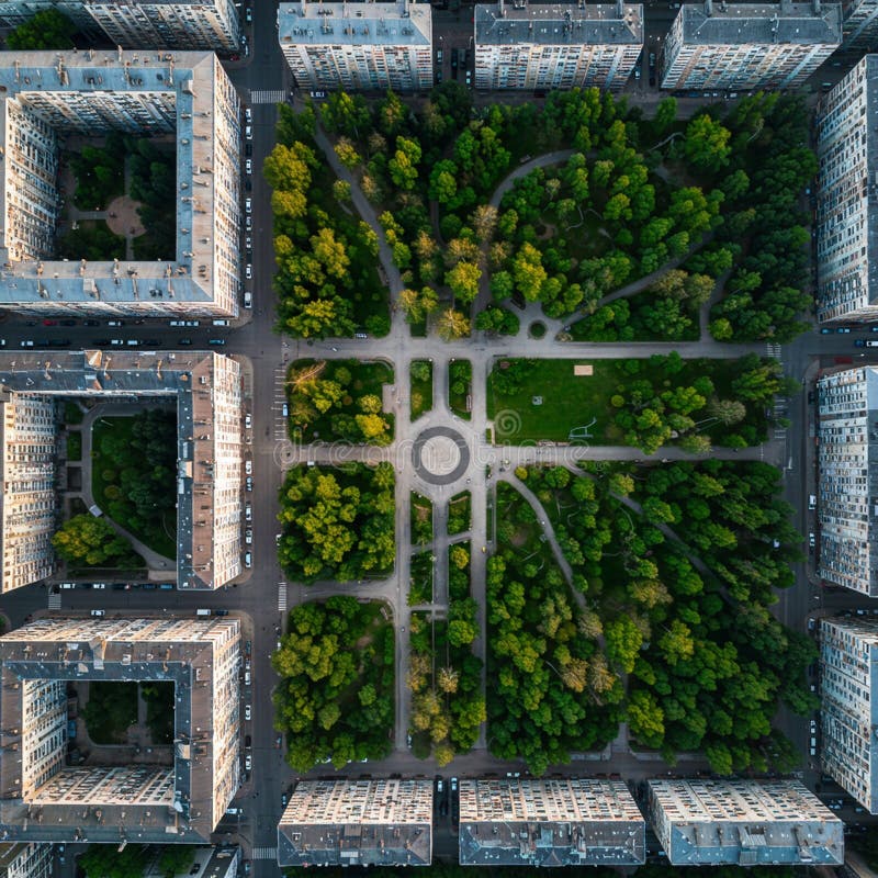 Aerial View of a City Park Surrounded by Residential Buildings. the ...