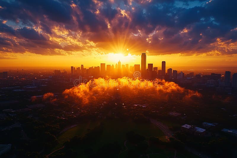 Aerial View of City Skyline at Sunrise with Dramatic Clouds and ...