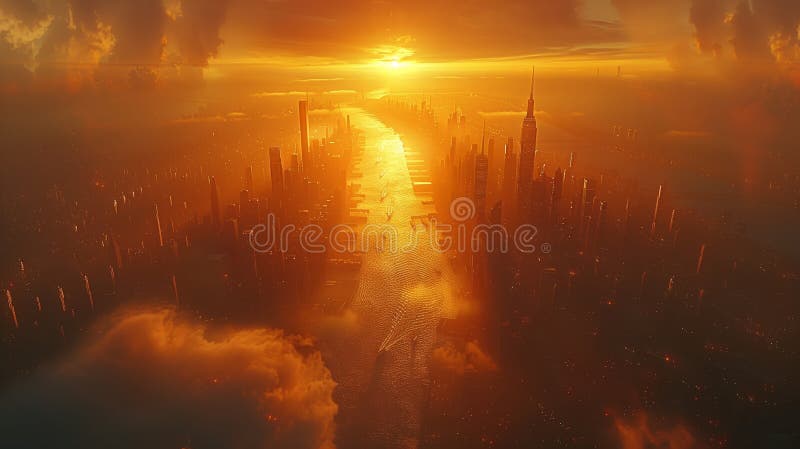 Aerial View of City Skyline with Sunset and River Stock Image - Image ... Aerial View of City Skyline with Sunset and River Stock Image - Image ...