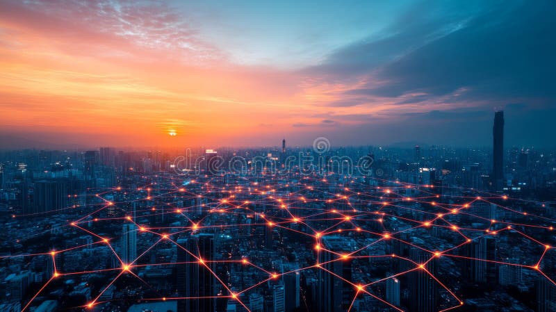 Aerial View of City at Sunset with Network Connections Stock ...
