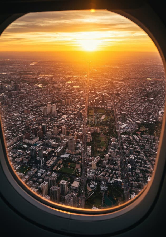 Aerial View of City at Sunset Seen through Airplane Window Stock ...