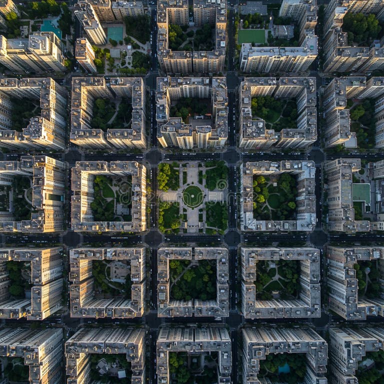 Aerial View of a Cityscape Featuring a Grid of Rectangular Building ...