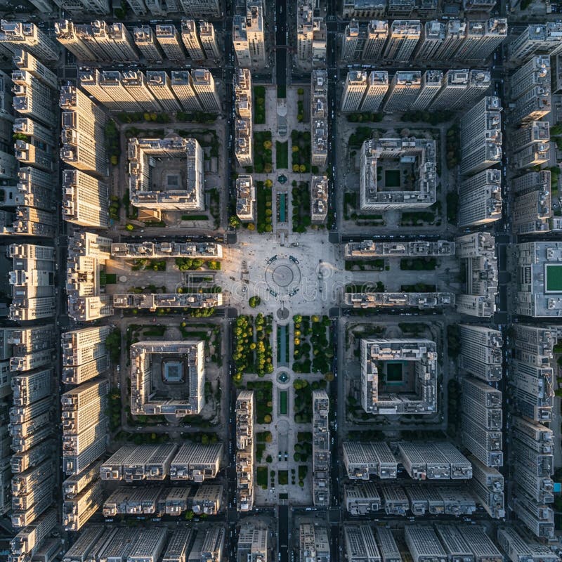 Aerial View of a Cityscape Featuring a Symmetrical Layout with Multiple ...