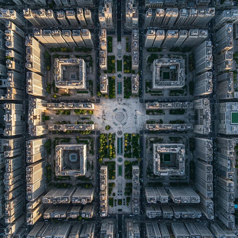 Aerial View of a Cityscape Featuring a Symmetrical Layout with Multiple ...