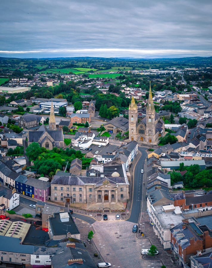 Aerial View of Cityscape Omagh Surrounded by Dense Trees Stock Photo ...