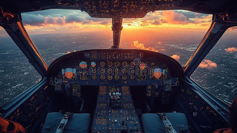 Sunset from the cockpit. stock image. Image of devices - 146744669