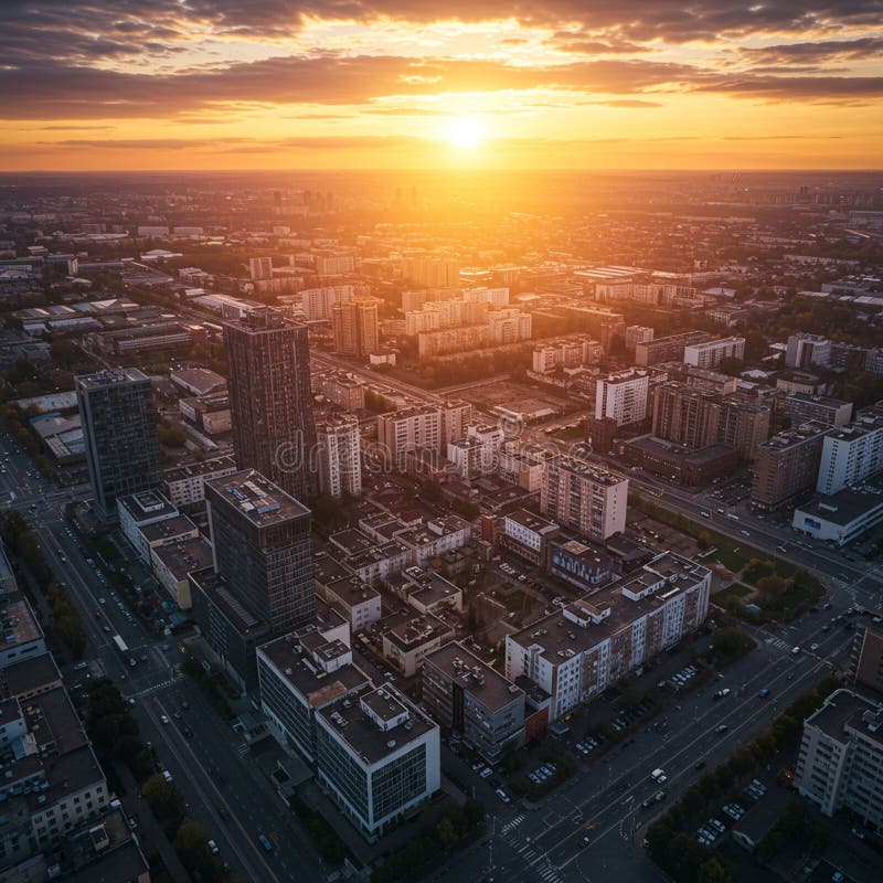 Aerial View of a Cityscape at Sunset, Showcasing Modern, Rectangular ...