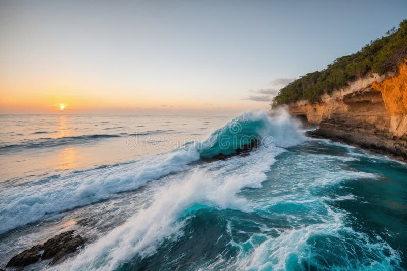 Aerial View of a Cliff with Foaming Waves at Sunset Stock Illustration ...