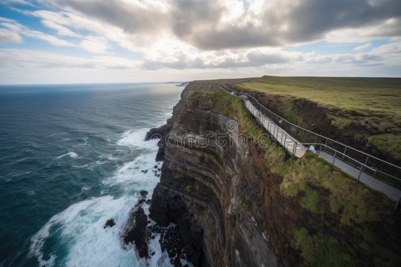 Aerial View of Cliffside Walkway, with Dramatic Ocean and Sky in the ...
