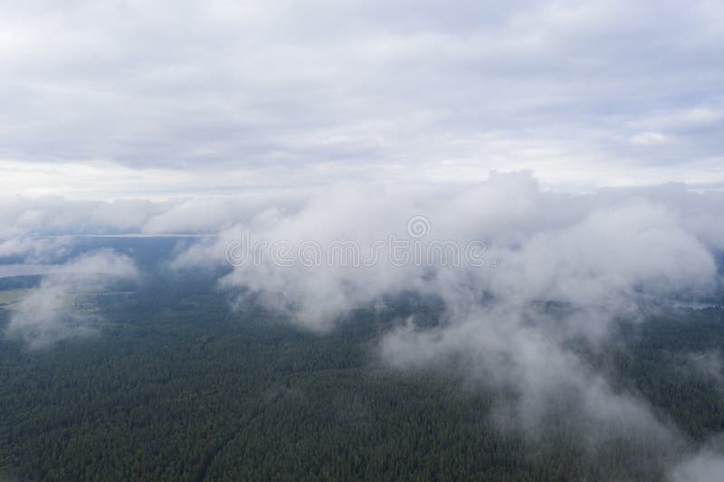 Aerial View Clouds Over the Forest and Lake. View from Drone. Aerial ...