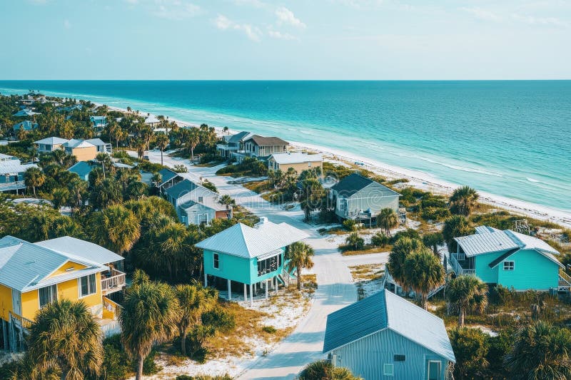 Aerial View of Coastal Homes Along a Sandy Beach with Turquoise Waters ...