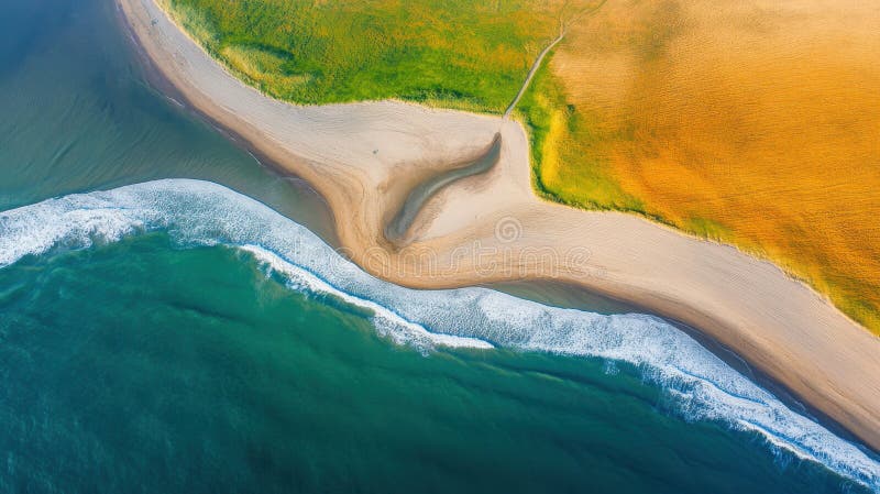Aerial View of Coastal Landform with Green Fields and Blue Ocean Waves ...
