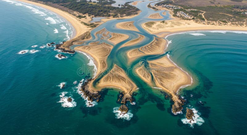 Aerial View of Coastal River Delta Meeting Ocean Stock Illustration ...