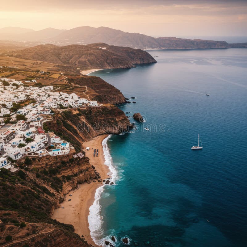 Aerial View of a Coastal Village at Sunset Stock Illustration ...