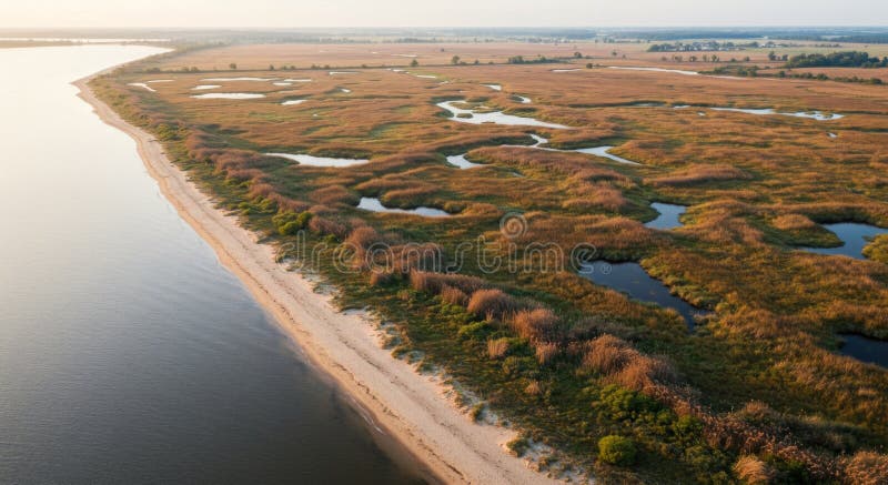Aerial View of Coastal Wetland at Sunset Stock Illustration ...