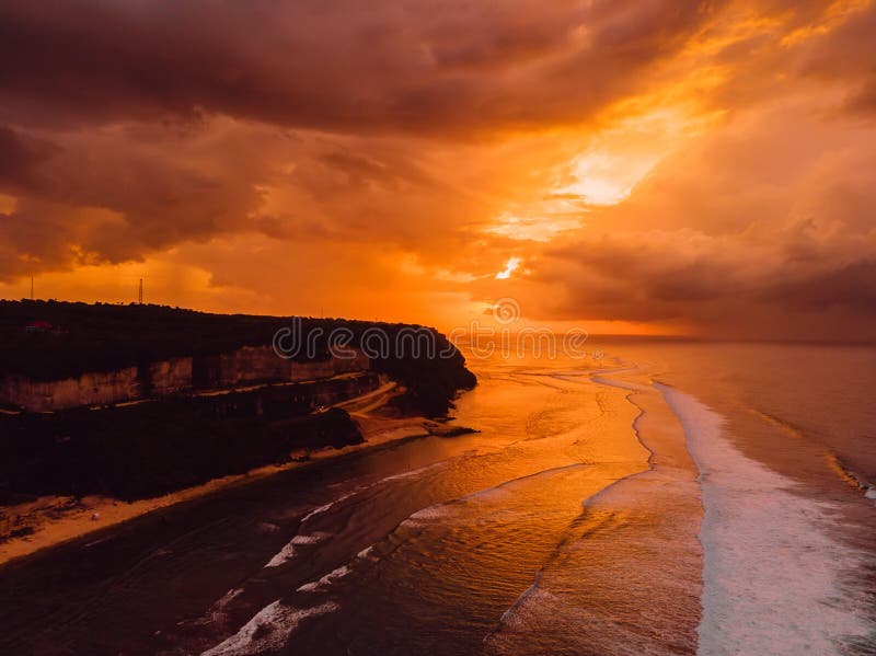 Aerial View of Coastline, Ocean with Wave and Warm Sunset or Sunrise ...