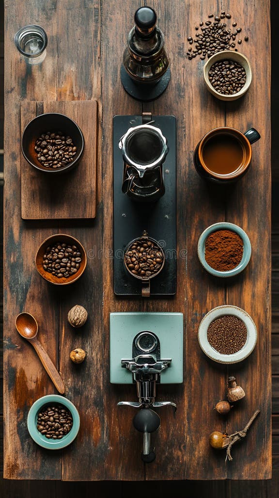 Aerial View of Coffee Brewing Setup with Beans and Ground Coffee on ...