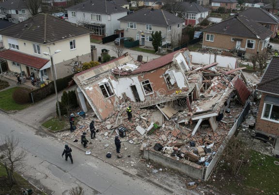 Aerial View of Collapsed House and Emergency Workers Stock Illustration ...