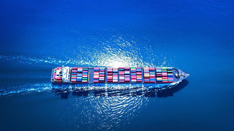 Aerial View of Colorful Cargo Ship Navigating the Ocean Stock Image ...