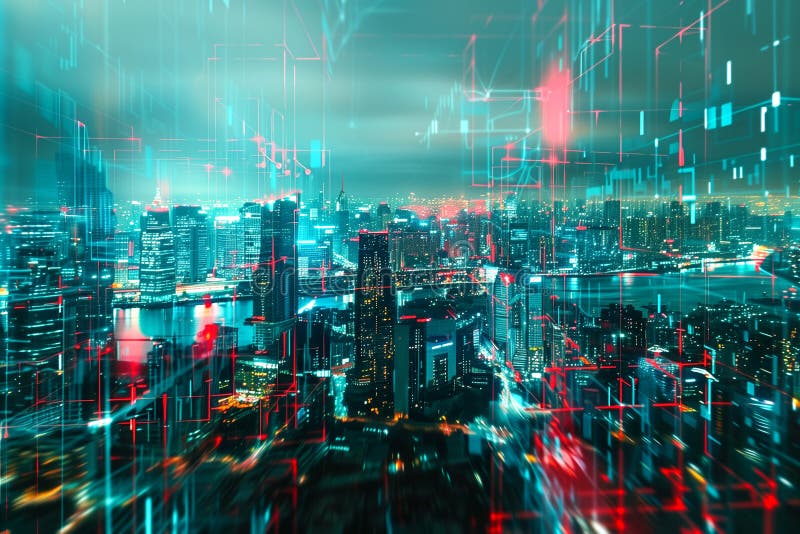 Aerial View of Colorful Digital City and Glowing Lighting Digital ...