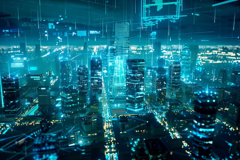 Aerial View of Colorful Digital City and Glowing Lighting Digital ...