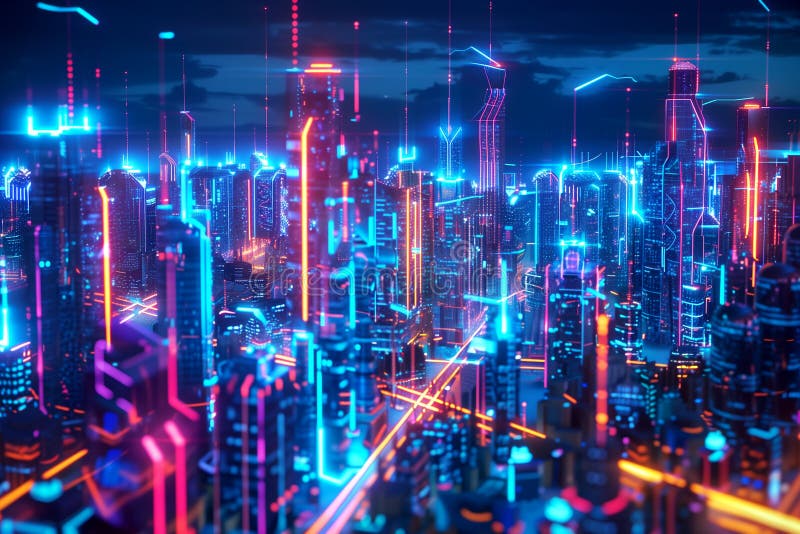 Aerial View of Colorful Digital City and Glowing Lighting Digital ...