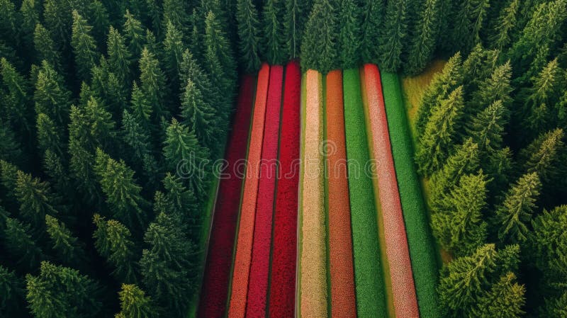 Aerial View of a Colorful Flower Field Surrounded by a Forest Stock ...