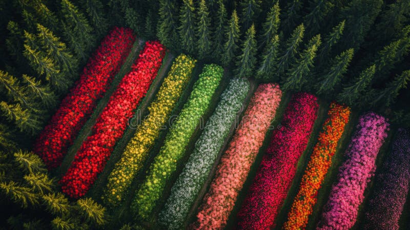 Aerial View of Colorful Flower Fields and Evergreen Trees Stock ...