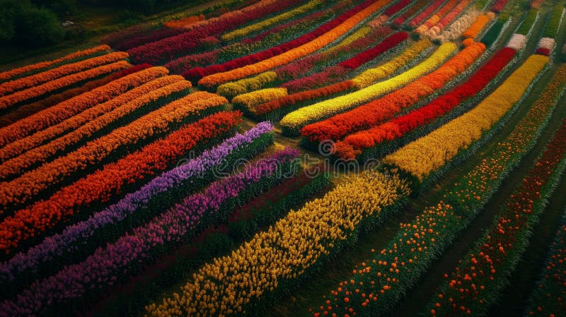Aerial View of Colorful Flower Fields in Rows Stock Illustration ...