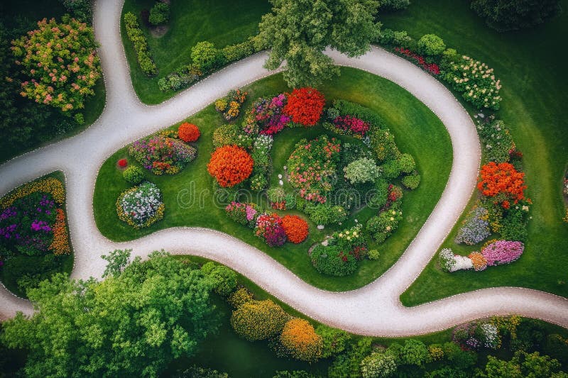 Aerial View of Colorful Garden Pathways and Lush Greenery Stock ...