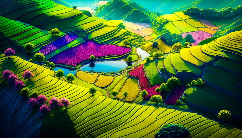 An Aerial View of Colorful Rice Fields in Vietnam. Generative AI Stock ...