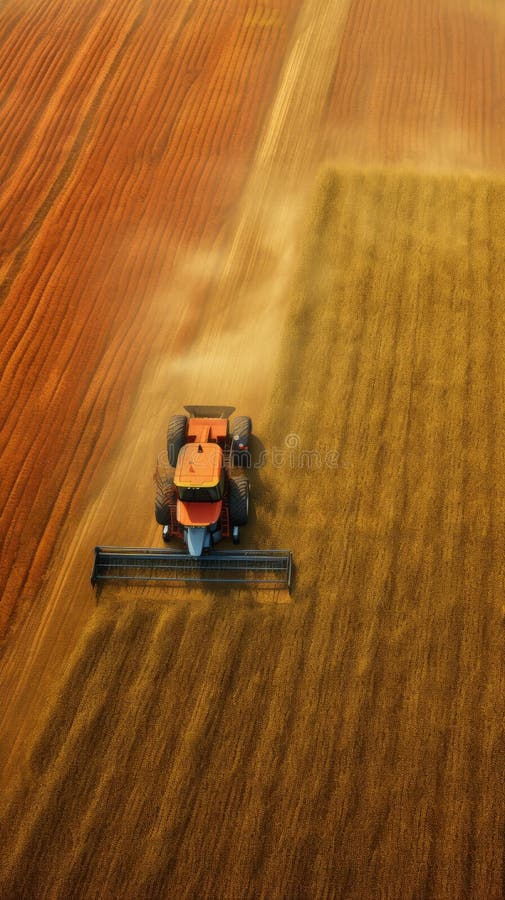 An Aerial View of a Combine Harvester Harvesting Wheat at Sunset Stock ...
