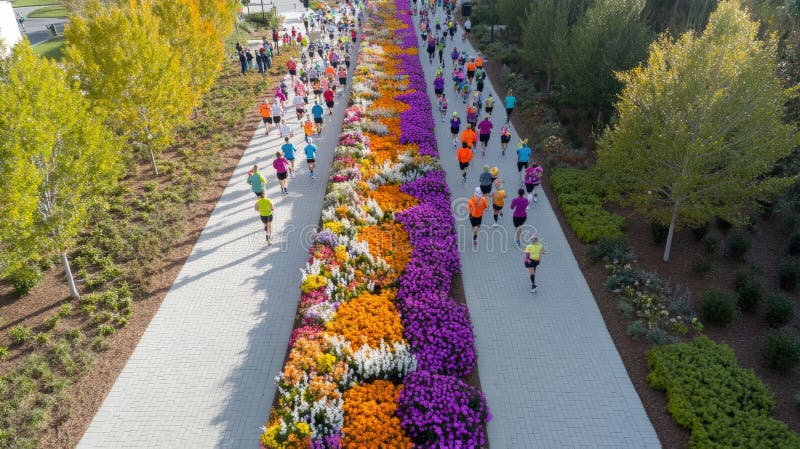 Aerial View of Community Race with Colorful Floral Pathway in Park ...