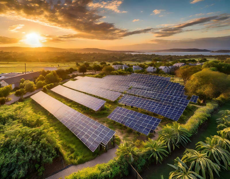Aerial View of a Community Solar Garden with Lush Greenery at Sunset ...