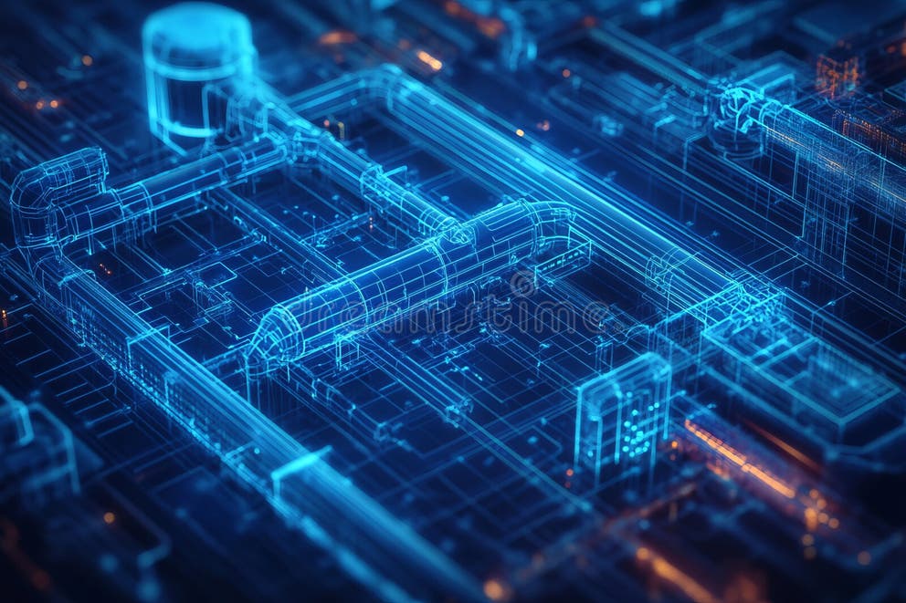 Aerial View of Complex Cable Pathways in Digital Blueprint Style Stock ...
