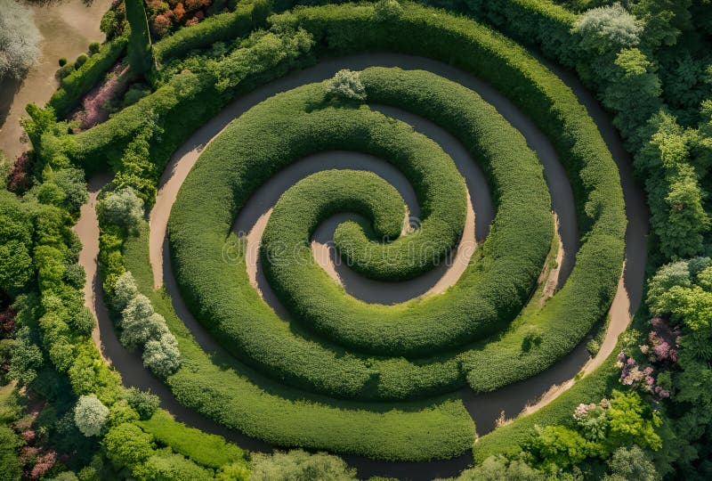 Aerial View of a Complex Green Maze Garden with Winding Pathways and ...