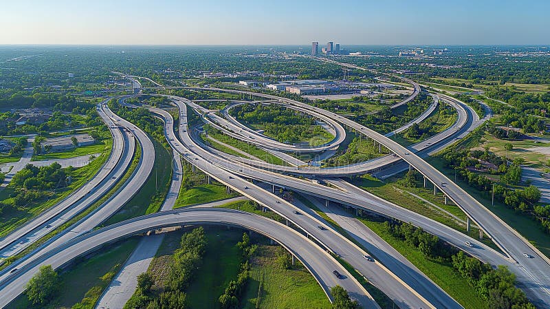 Aerial View of a Complex Highway Interchange with City Skyline in the ...