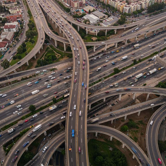 Aerial View of a Complex Highway Interchange Featuring Multiple ...