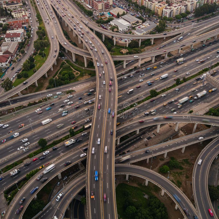 Aerial View of a Complex Highway Interchange Featuring Multiple ...