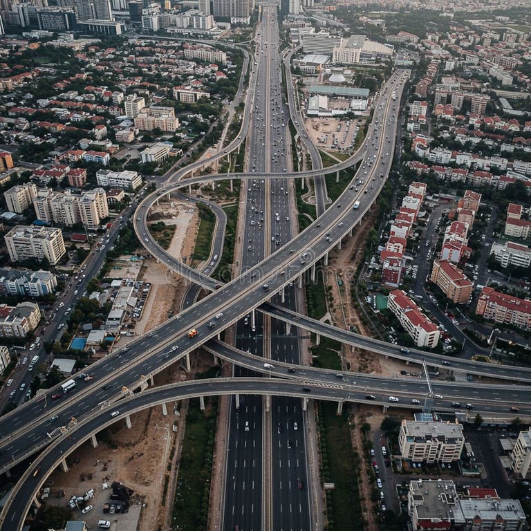 Aerial View of a Complex Highway Interchange Featuring Multiple Lanes ...
