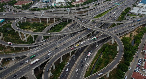 An Aerial View of a Complex Highway Interchange Featuring Multiple ...