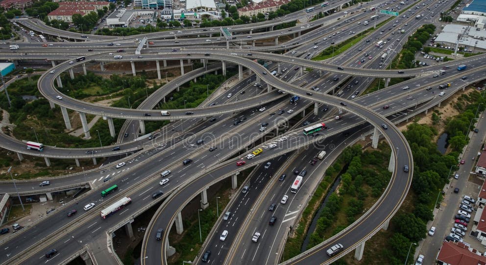 An Aerial View of a Complex Highway Interchange Featuring Multiple ...
