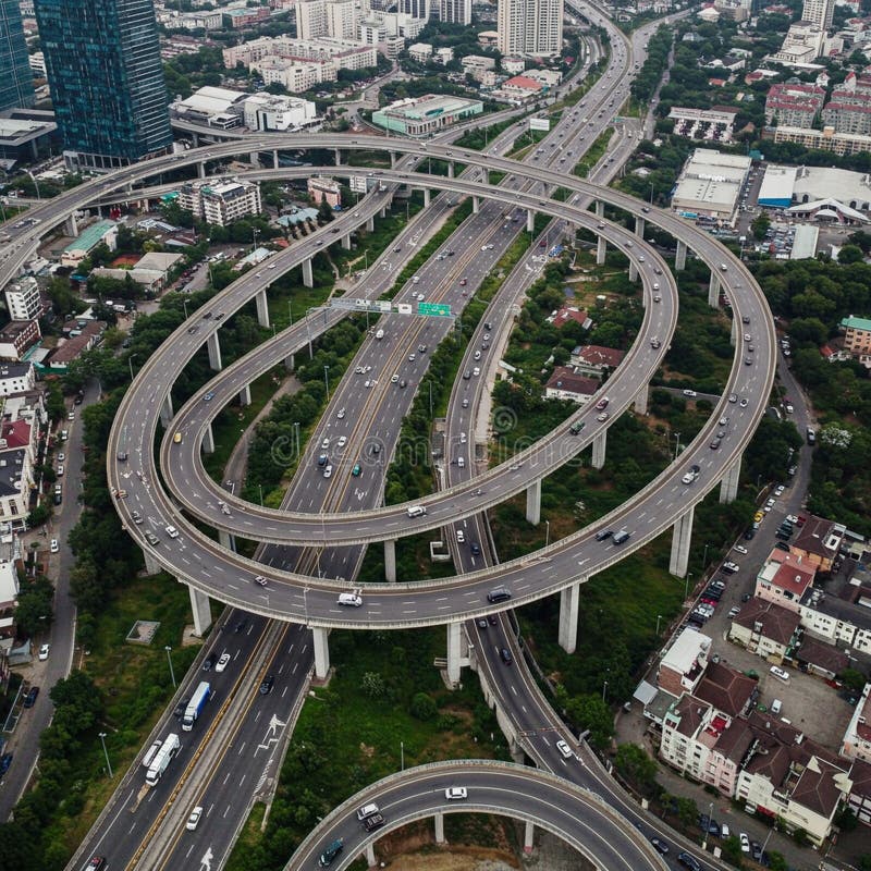 Aerial View of a Complex Highway Interchange with Multiple Elevated ...