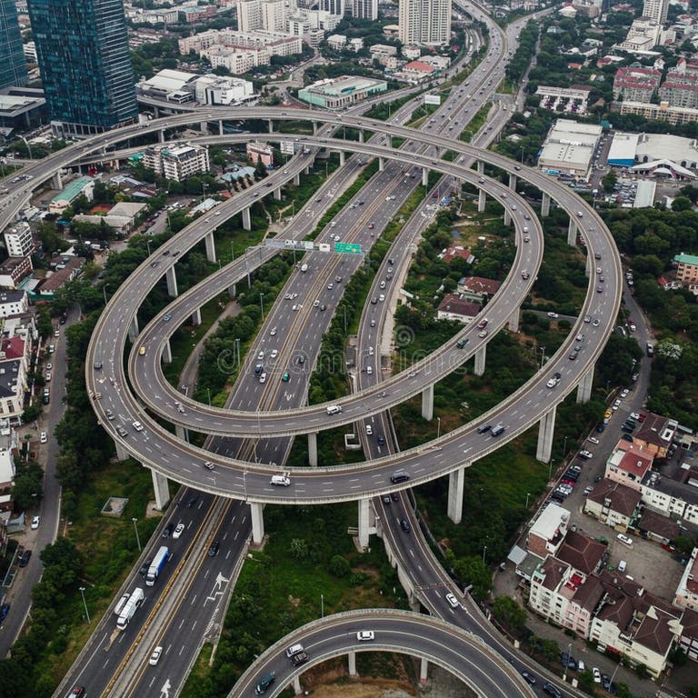 Aerial View of a Complex Highway Interchange with Multiple Elevated ...
