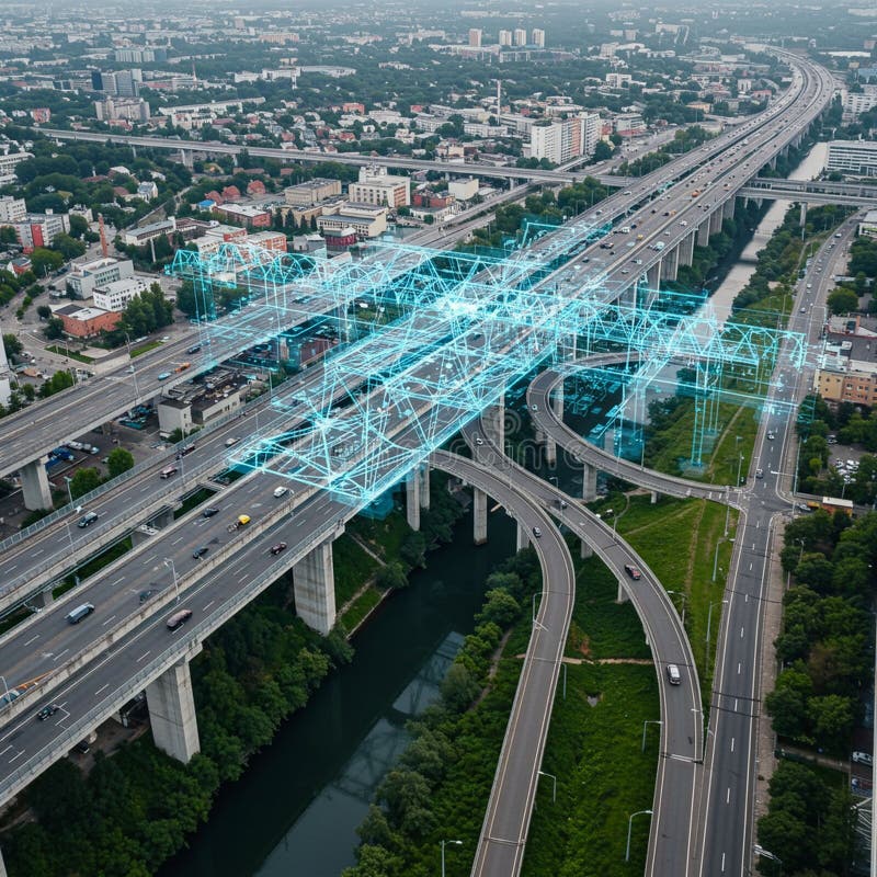 Aerial View of a Complex Highway Interchange with Multiple Lanes and ...