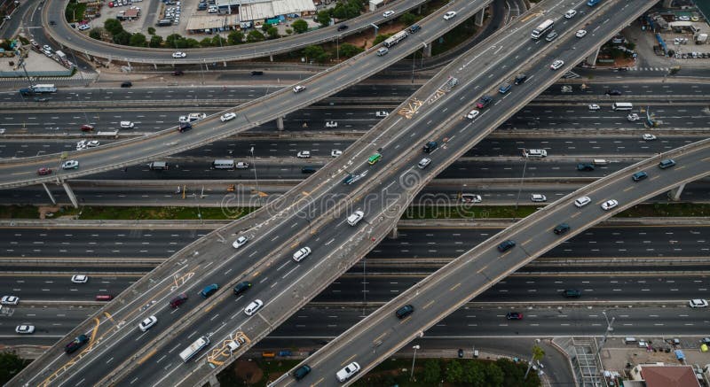Aerial View of a Complex Highway Interchange with Multiple Lanes and ...