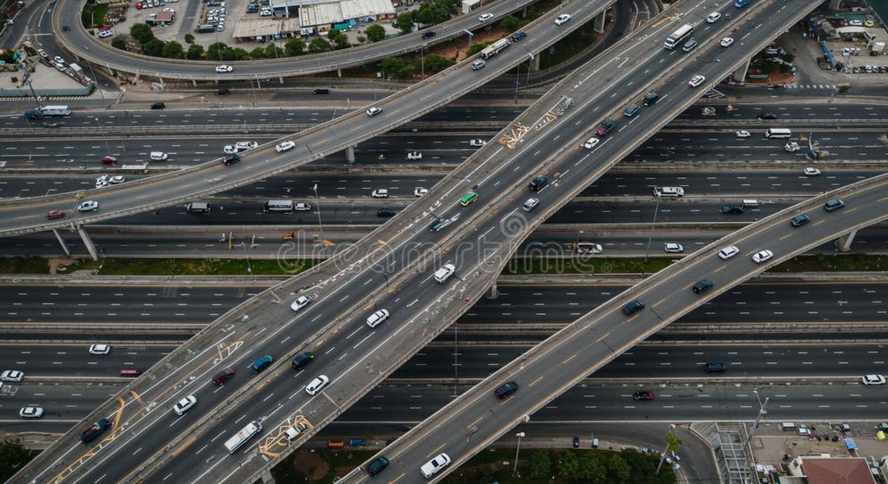 Aerial View of a Complex Highway Interchange with Multiple Lanes and ...